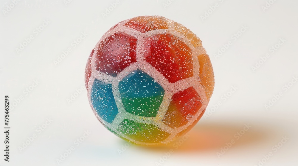 Realistic gummy candy shaped like a soccer ball, featuring three colors ...