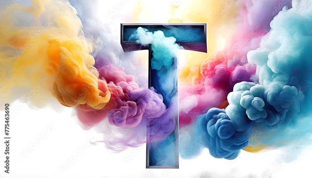 Alphabet with colored smoke. Letter T. White background. Image in AI ...