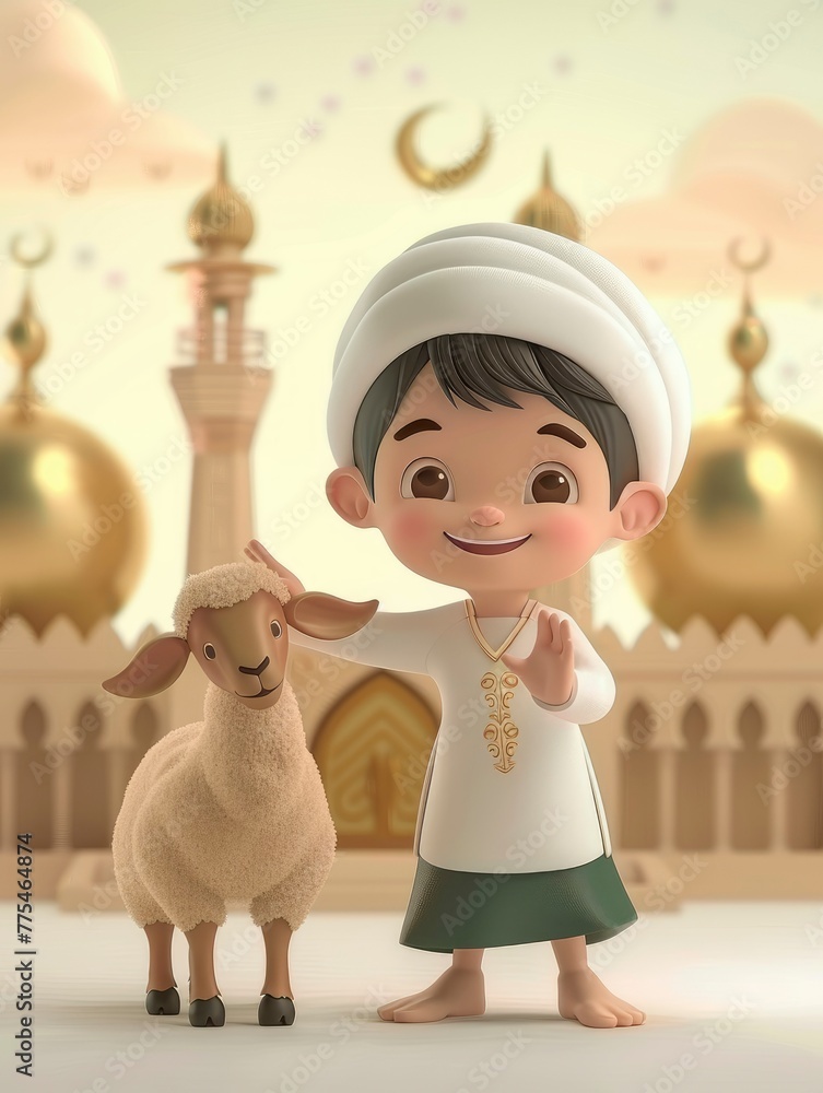 Eid al adha wishing with muslim boy and sheep animated cartoon 3d ...