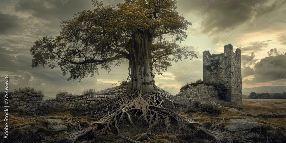 A solitary looking tree with roots entwined around the crumbling ruins ...
