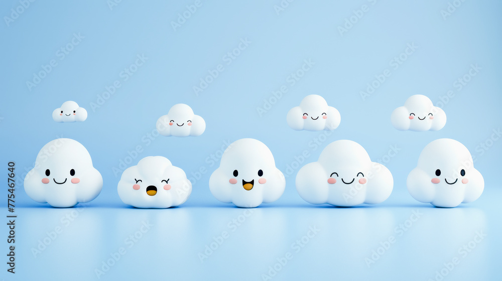 A collection of cute, animated cloud characters with smiling faces ...