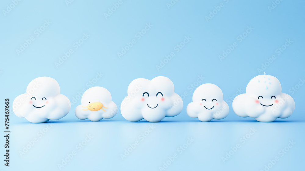 Five cute cloud characters with smiling faces arranged in size order ...