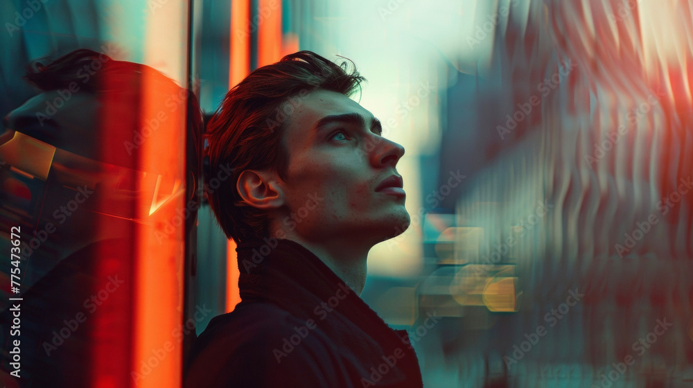 A man with a sharp jawline and chiseled features gazes into the ...