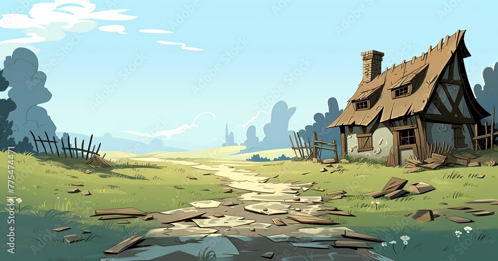cartoon background of a decrepit english manor house with a thatch roof ...