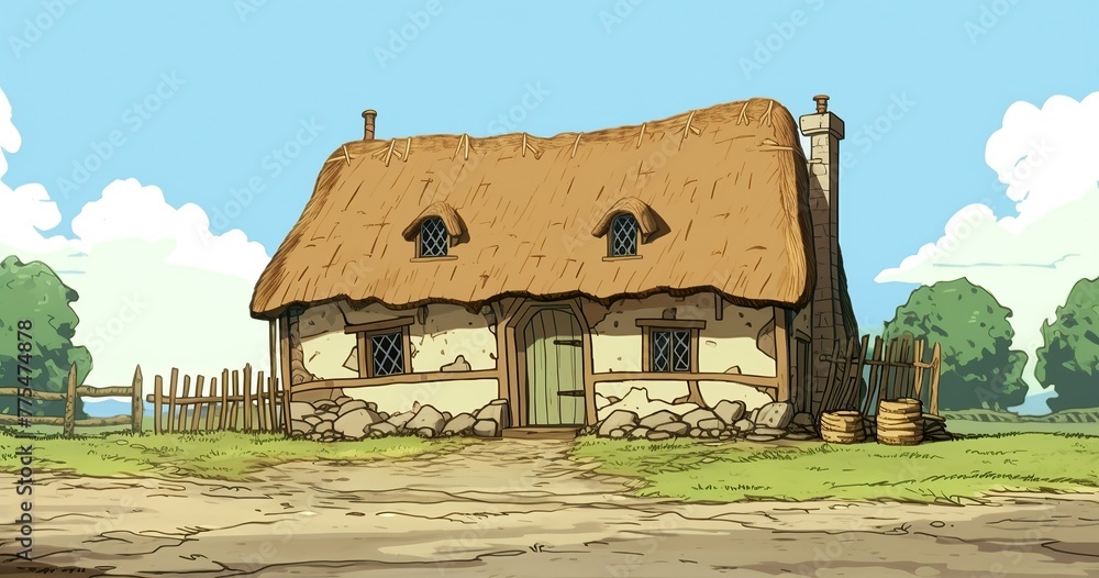 cartoon background of a decrepit english manor house with a thatch roof ...