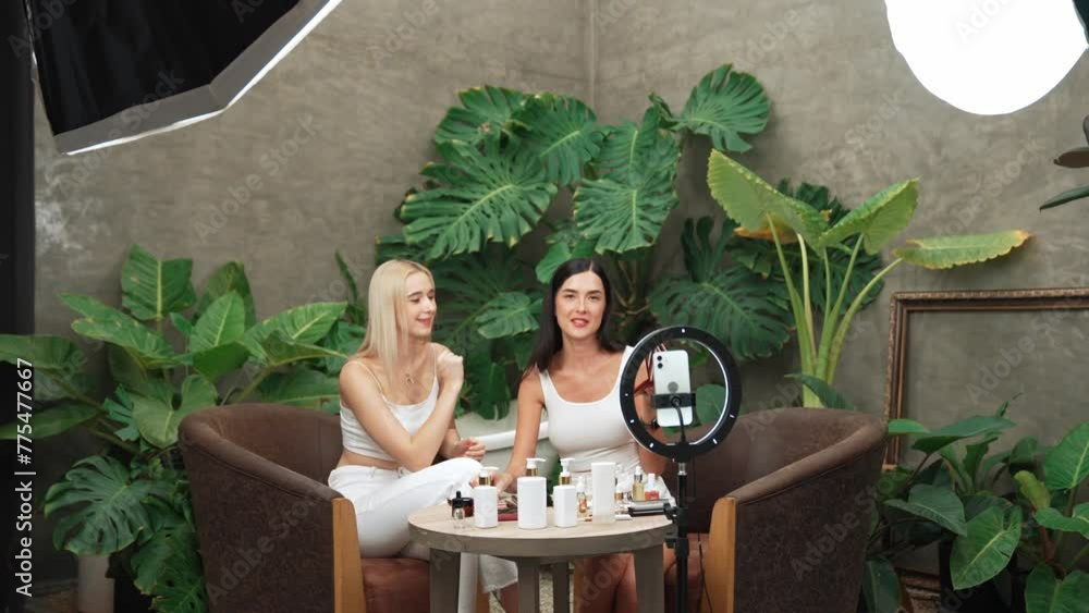 Two beautiful content creator making natural beauty and cosmetic ...