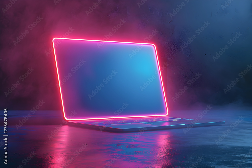 A laptop with a neon blue screen is lit up in a dark room. The laptop ...