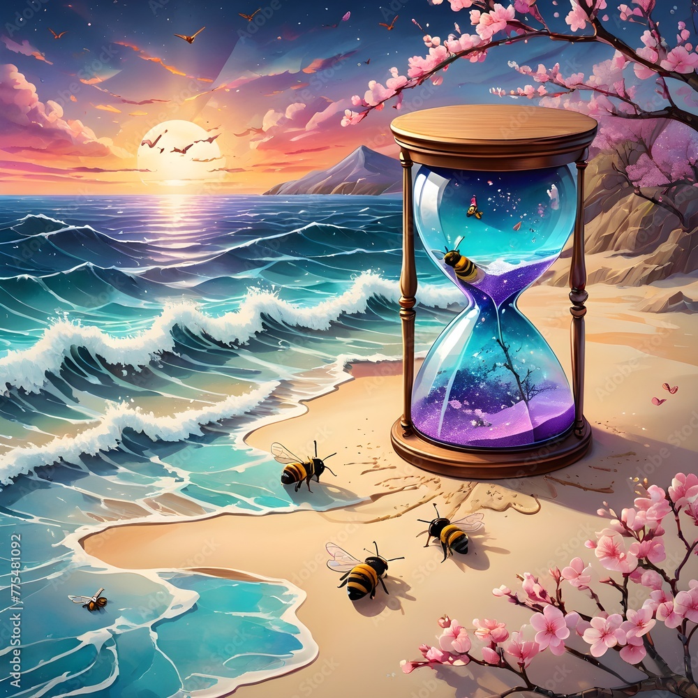 Big hour Glass, knocked over. The sea of time rolling over it. the sand ...