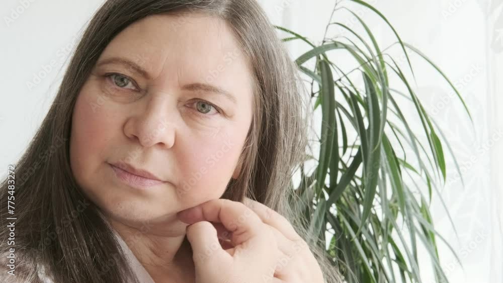 Double chin face mature woman 50 years old, human fat neck, side view ...