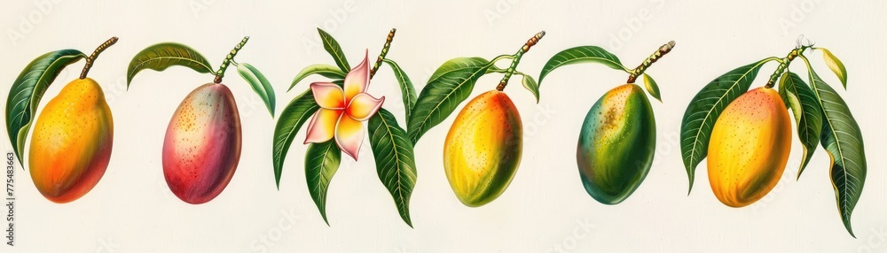 A detailed botanical illustration of a mango highlighting its growth ...