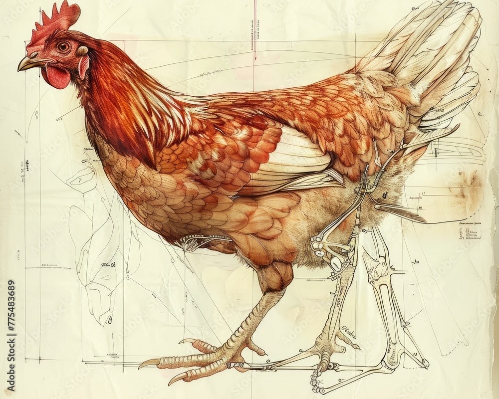 A detailed sketch of a chickens anatomy highlighting the elegance of ...