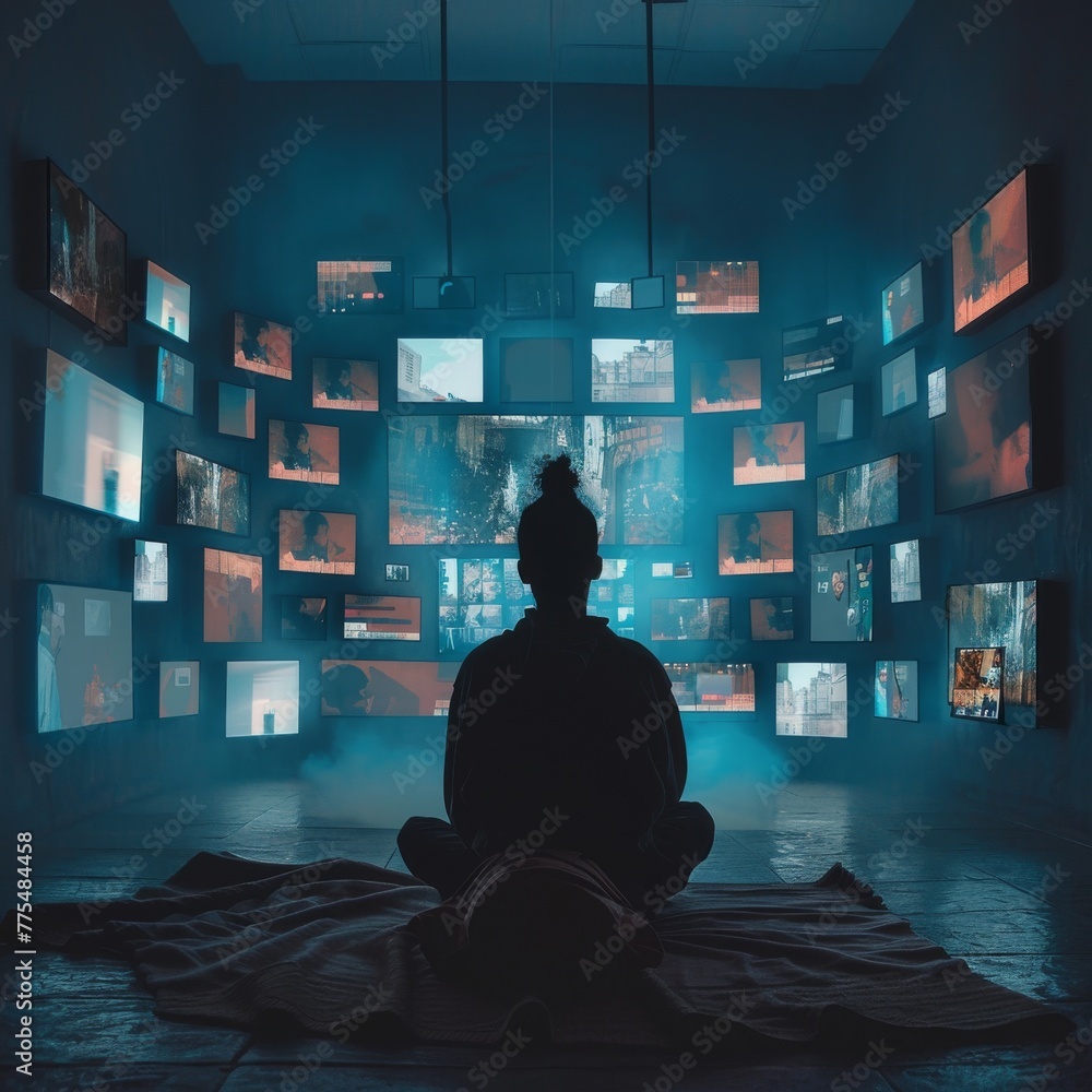 An individual sitting in a dark room, surrounded by screens displaying ...