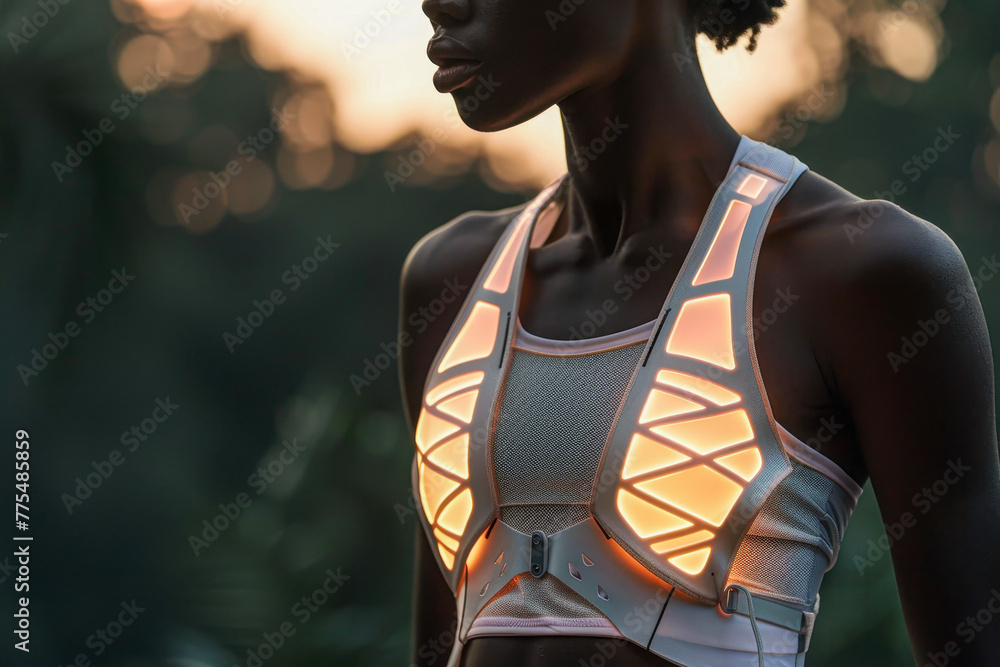 A woman is wearing a white and silver sports bra with a glowing design ...