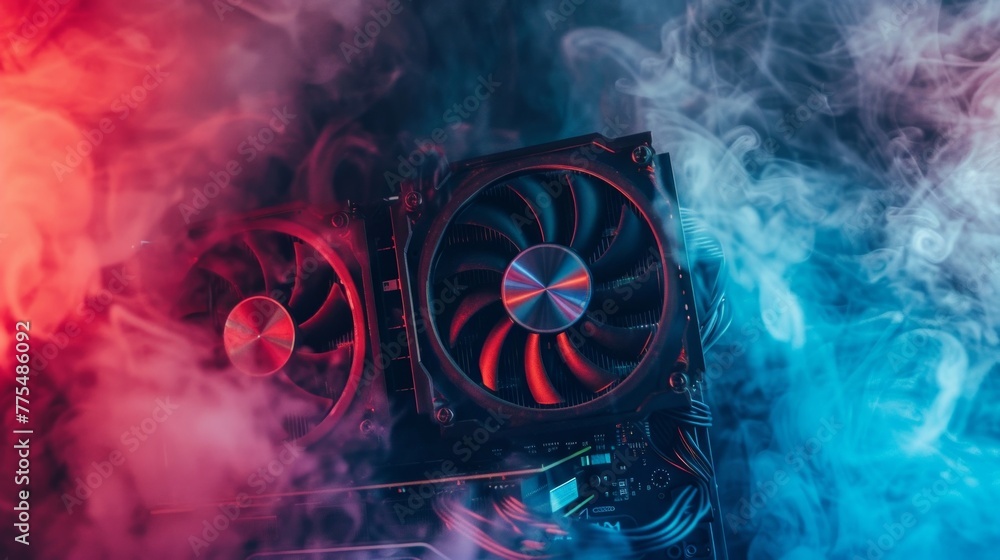A red and blue computer case is billowing out smoke, indicating a ...