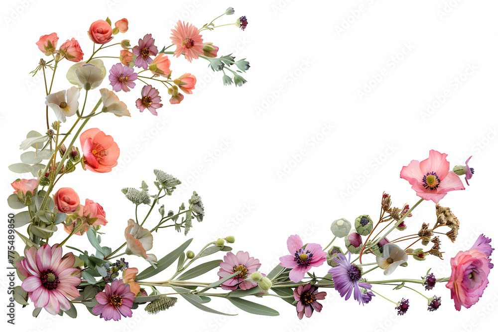 Vintage boho wild flowers frame isolated on transparent background with ...