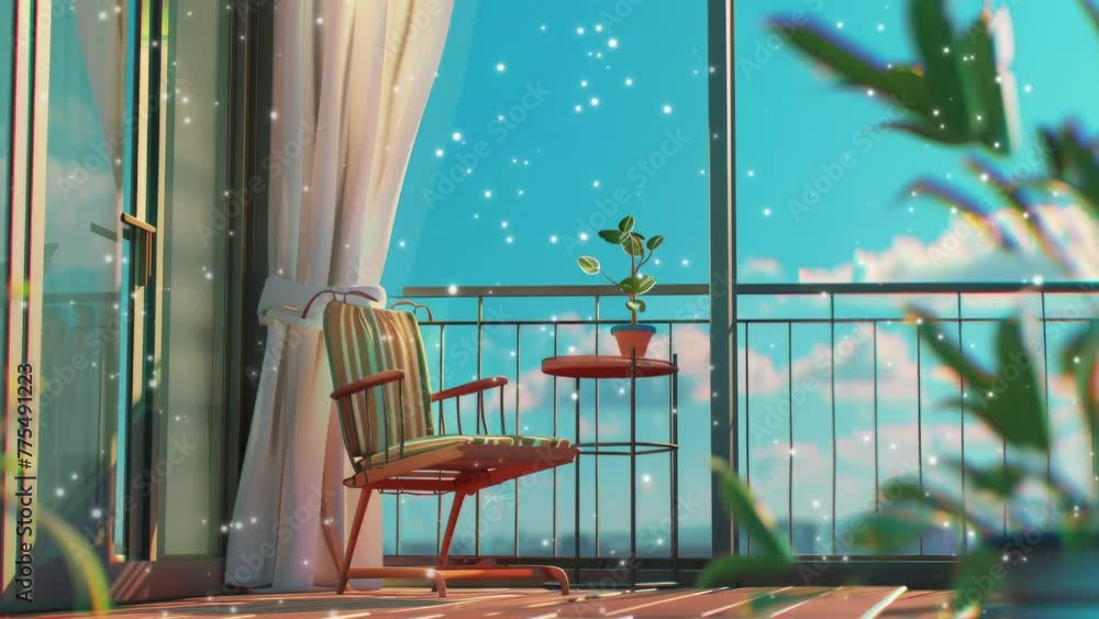 Vidéo Stock Relaxing on balcony lo fi animated cartoon background. Curtain open window breeze ...