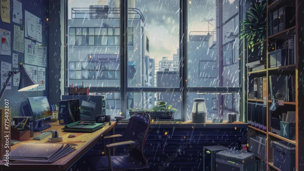 Lofi empty interior. Window view of a rainy day, anime, manga style ...