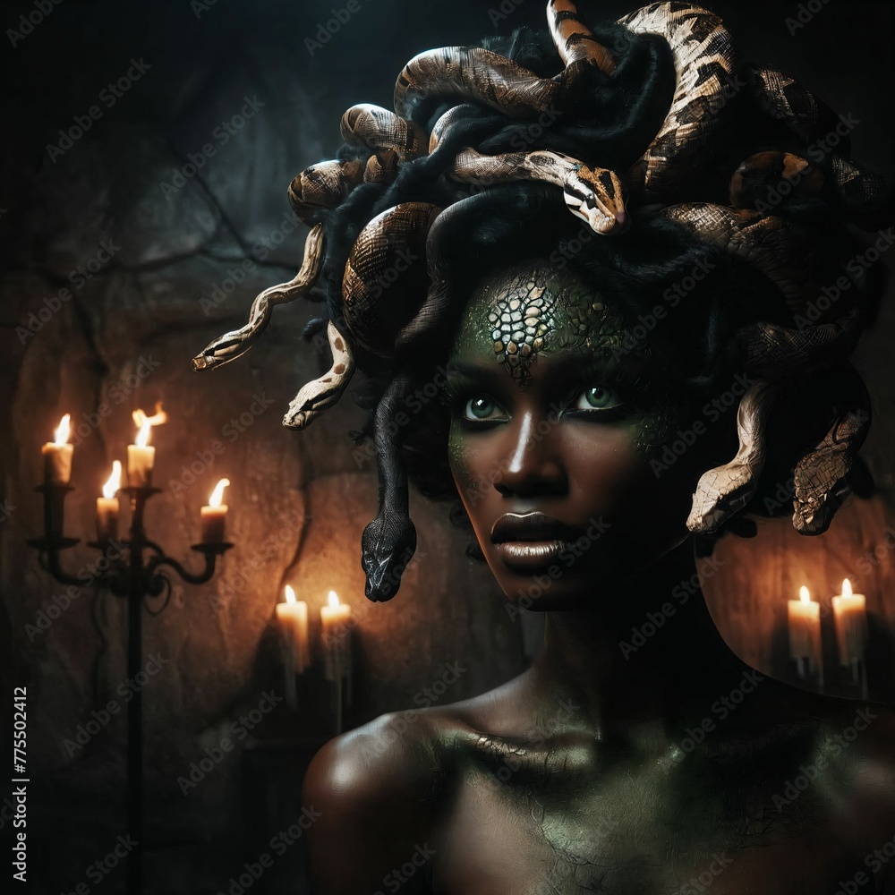 Portrait photo of Medusa. Woman with snakes on her head instead of hair ...