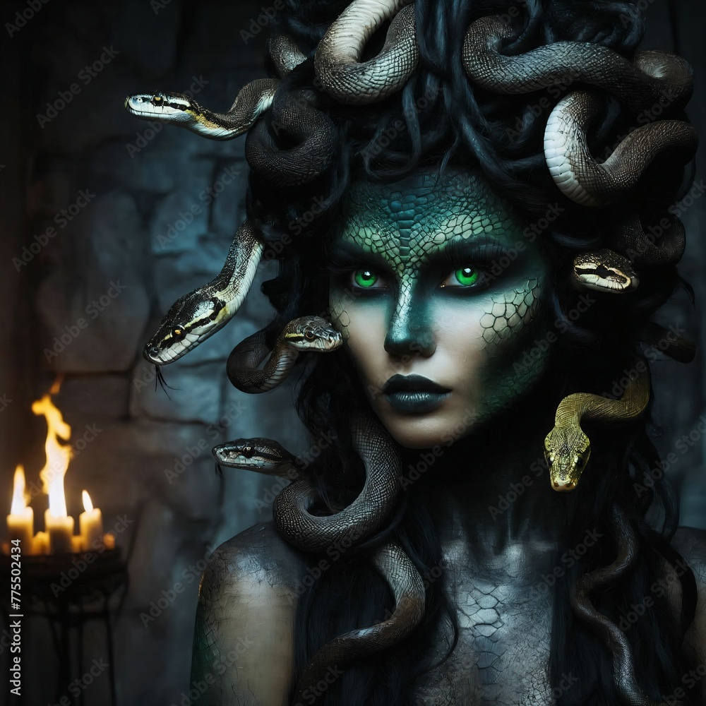 Portrait photo of Medusa. Woman with snakes on her head instead of hair ...