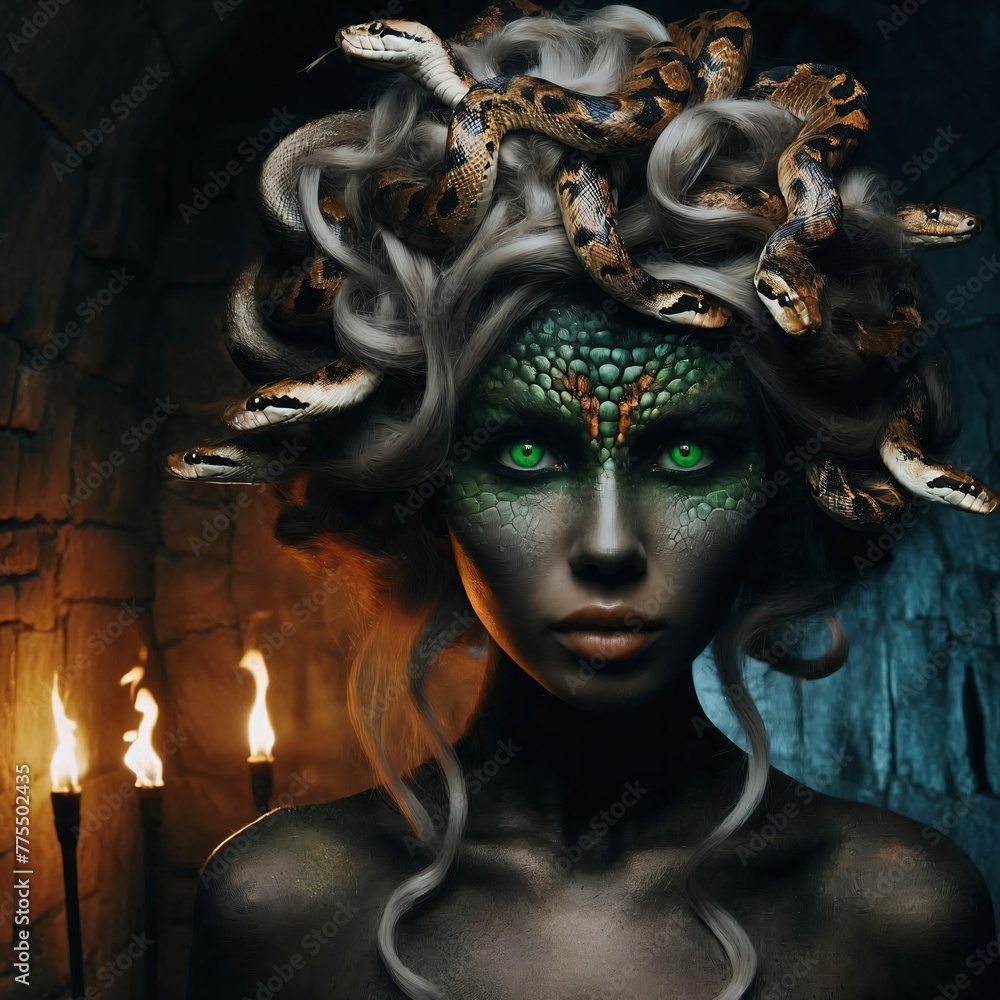 Portrait photo of Medusa. Woman with snakes on her head instead of hair ...