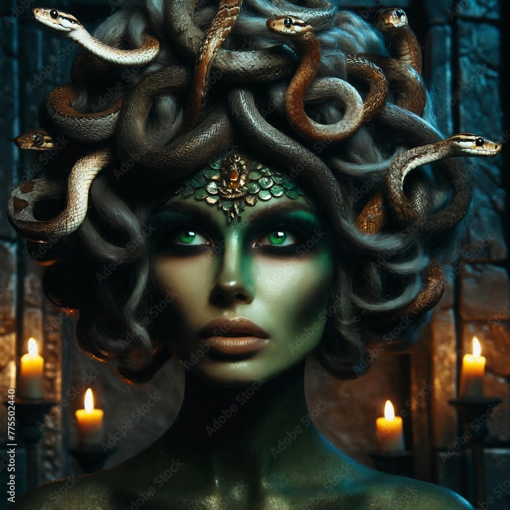 Portrait photo of Medusa. Woman with snakes on her head instead of hair ...