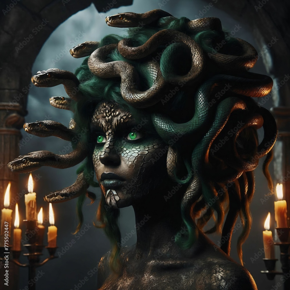 Portrait photo of Medusa. Woman with snakes on her head instead of hair ...