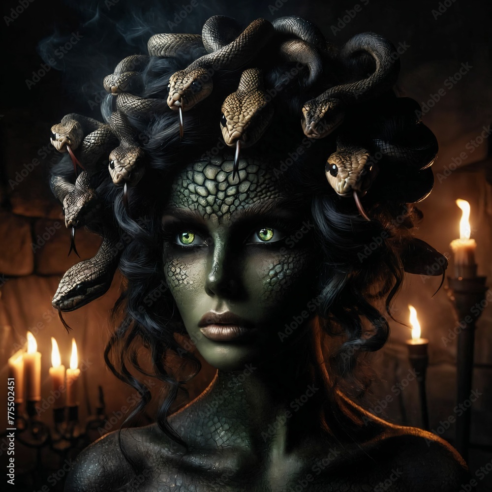 Portrait photo of Medusa. Woman with snakes on her head instead of hair ...
