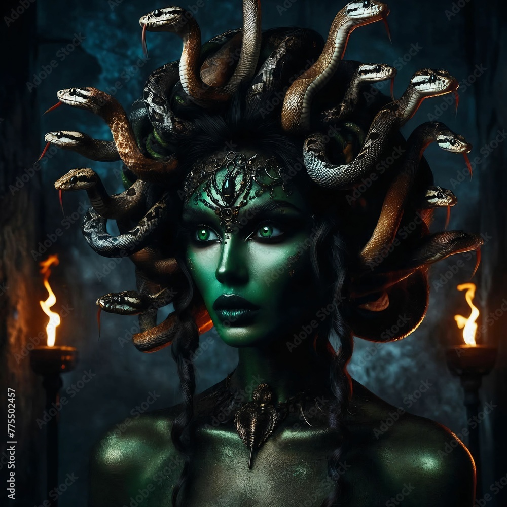 Portrait photo of Medusa. Woman with snakes on her head instead of hair ...