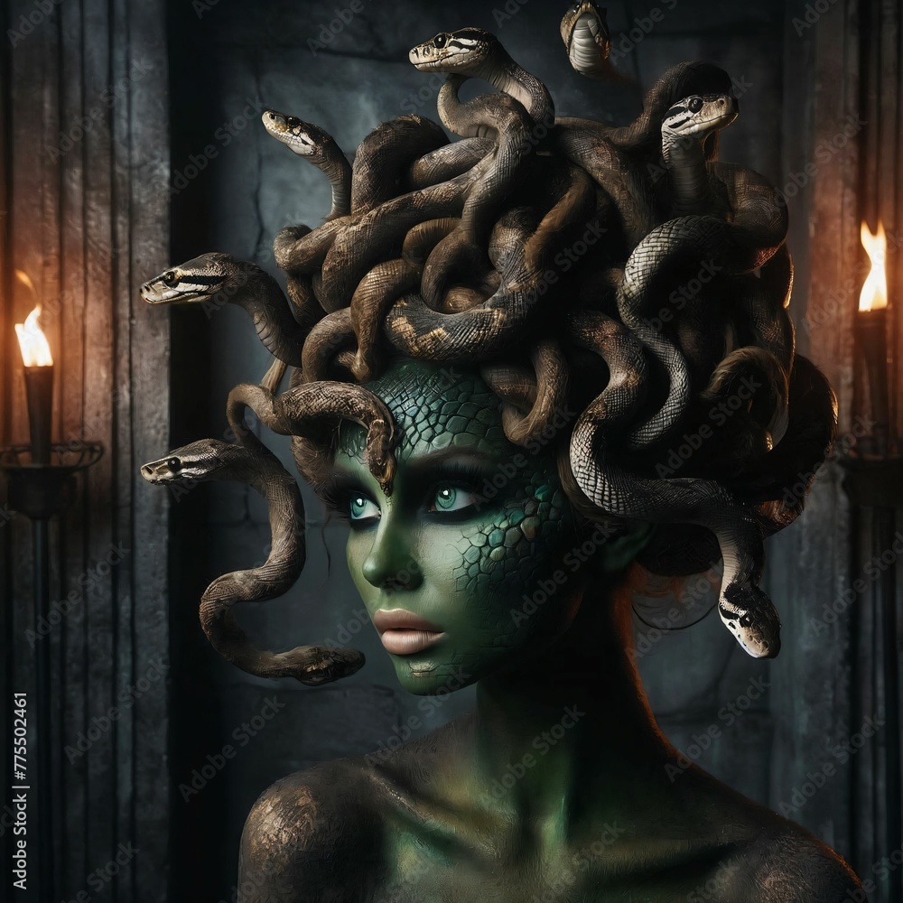 Portrait photo of Medusa. Woman with snakes on her head instead of hair ...