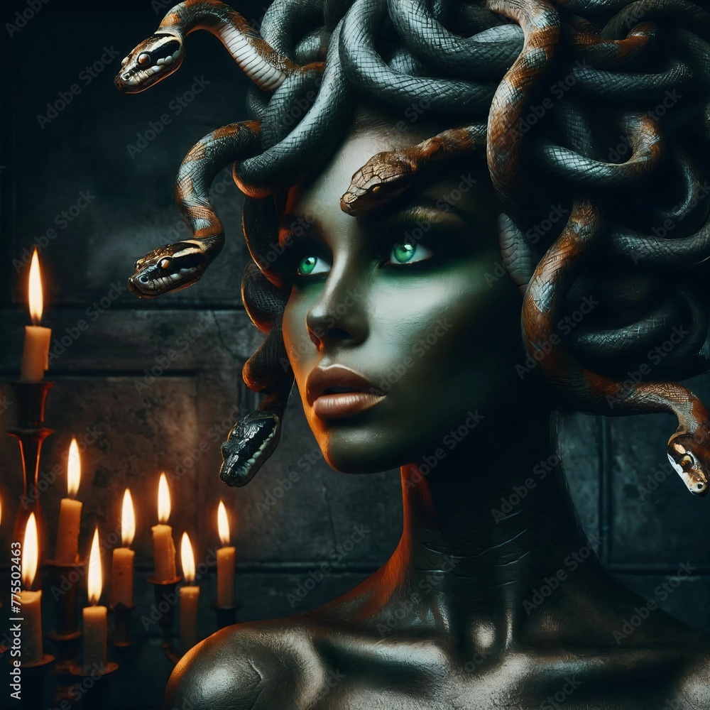 Portrait photo of Medusa. Woman with snakes on her head instead of hair ...