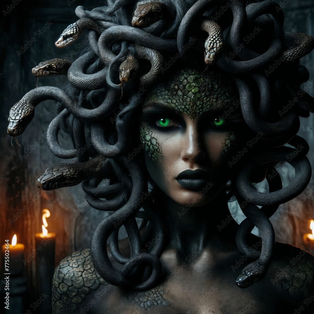 Portrait photo of Medusa. Woman with snakes on her head instead of hair ...