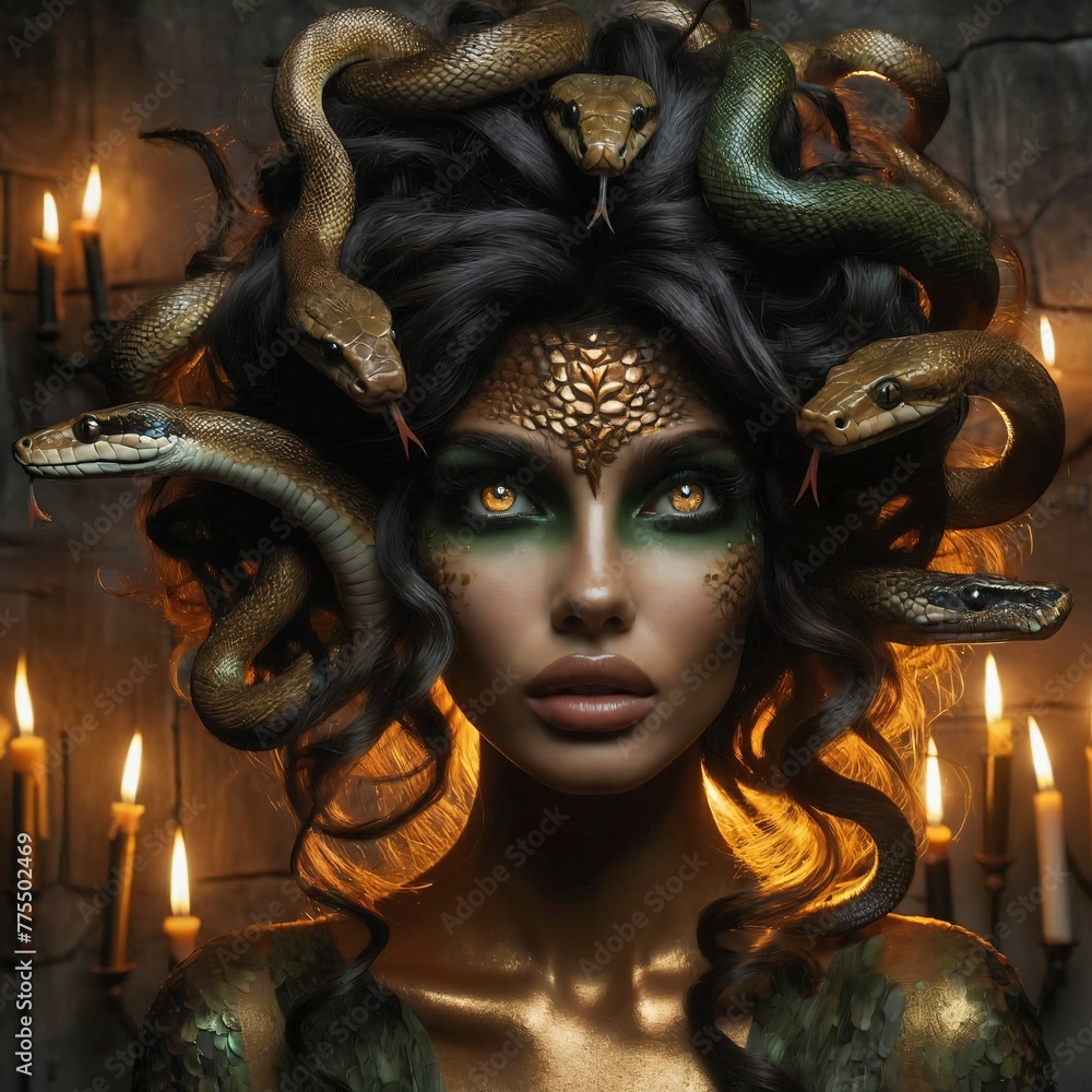 Portrait photo of Medusa. Woman with snakes on her head instead of hair ...