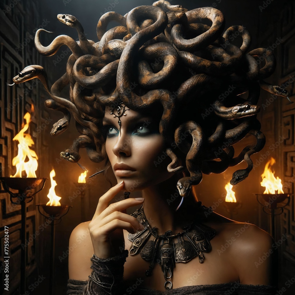 Portrait photo of Medusa. Woman with snakes on her head instead of hair ...