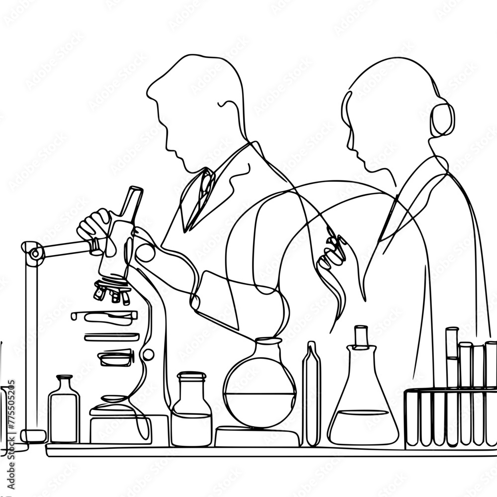 two scientist laboratory assistants in the laboratory looking through a ...