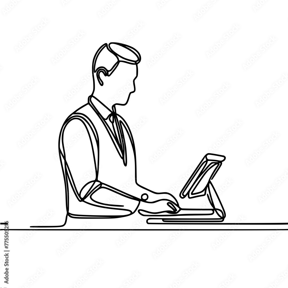 cashier working at the cash register, one line vector drawing, black ...