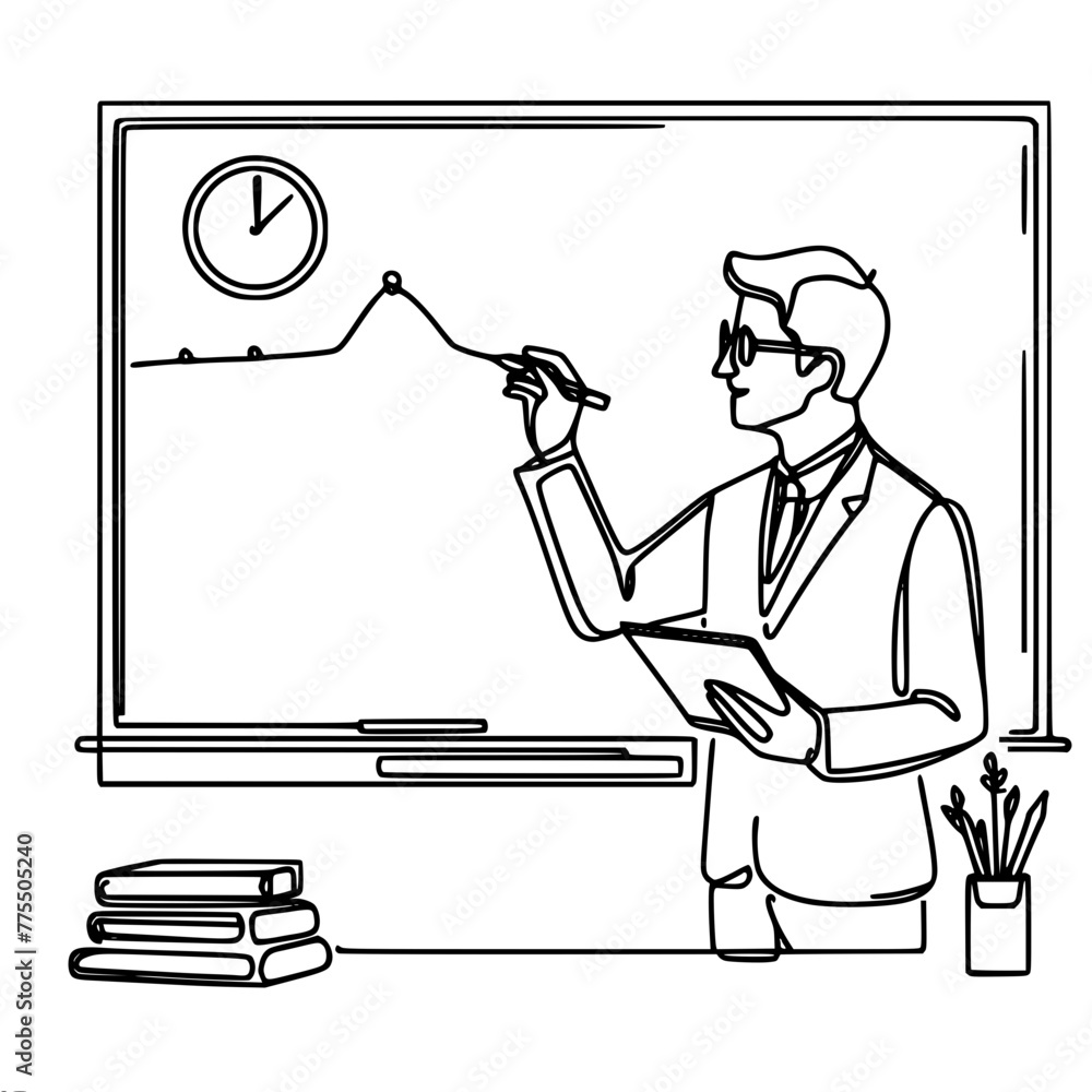 one teacher with glasses writes on the board, explains the material ...