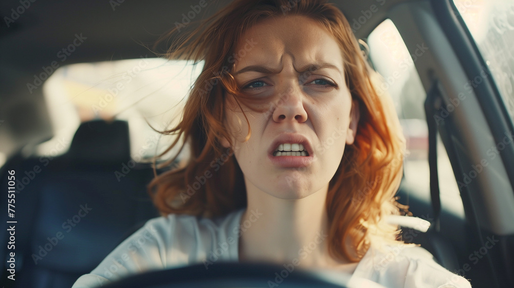 Irritated female driver expresses frustration, anger and ...