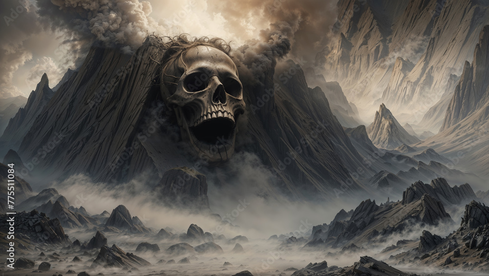 Giant skull of a dead titan on a volcanic mountain erupting, cursed ...
