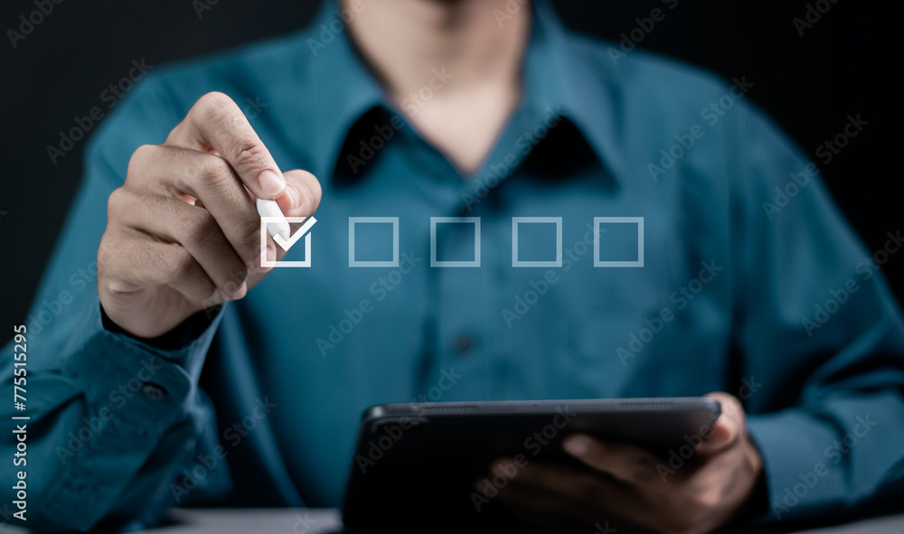 Checklist concept. Checking mark on checkboxes. Businessman tick ...