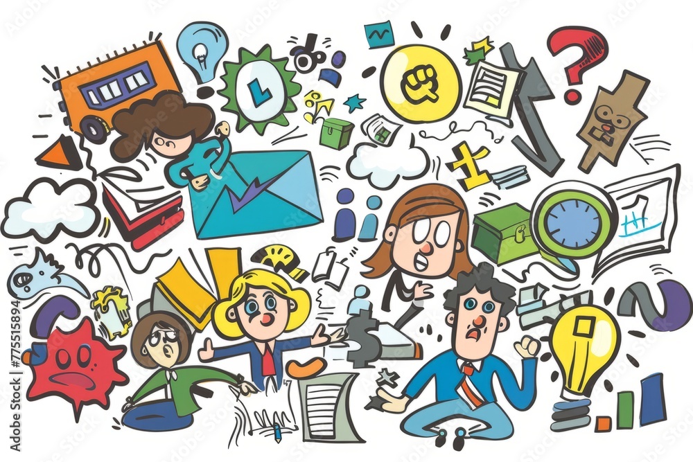 Cartoon cute doodles of a business crisis management scenario, with ...