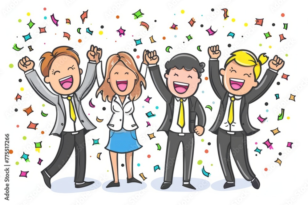 Cartoon cute doodles of a business team celebrating a successful deal ...