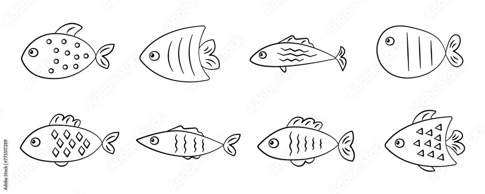 Cartoon fish contour outline drawing isolated cutout black and white ...