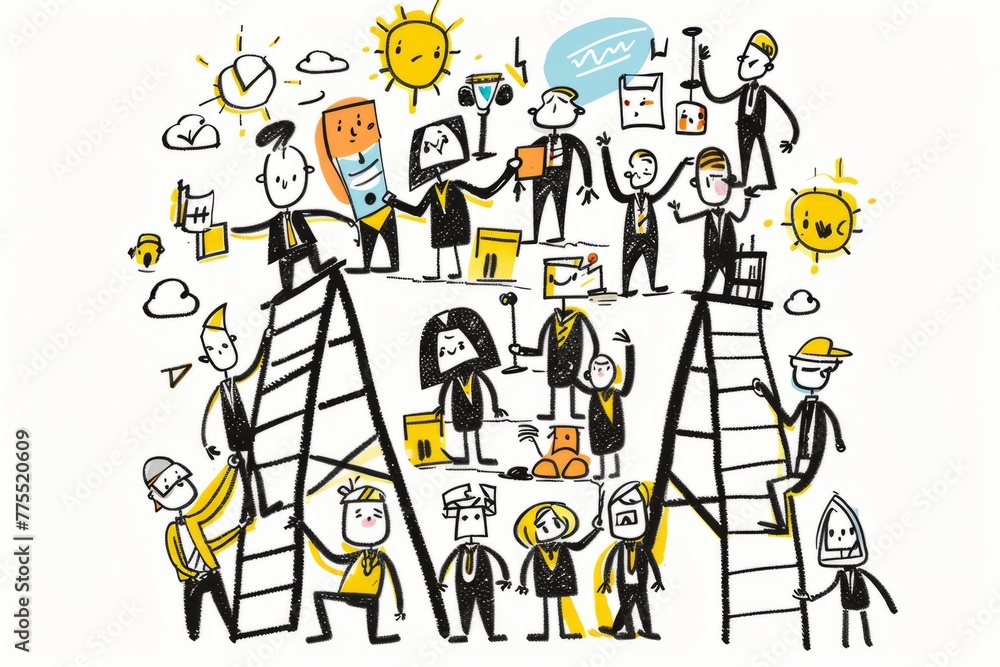 Cartoon cute doodles of a corporate hierarchy, with characters climbing ...