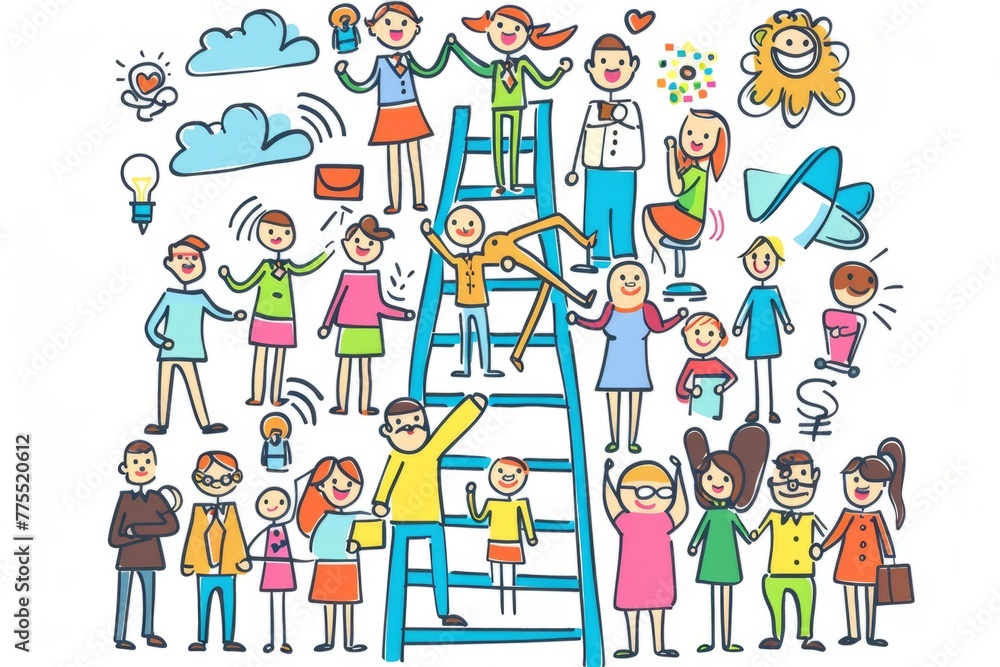 Cartoon cute doodles of a corporate hierarchy, with characters climbing ...