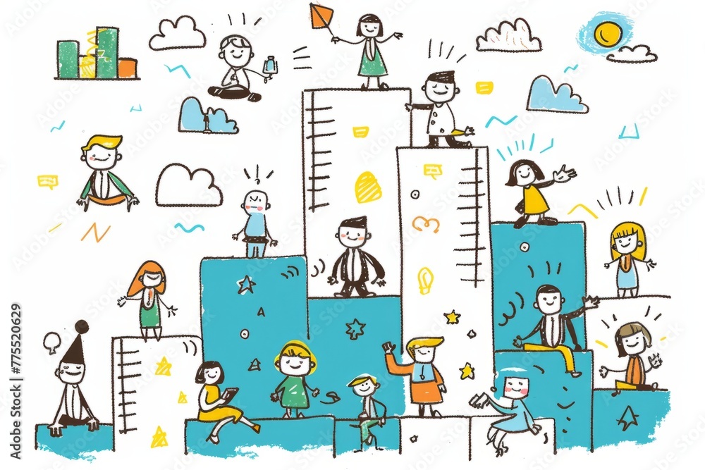 Cartoon cute doodles of a corporate hierarchy, with characters climbing ...
