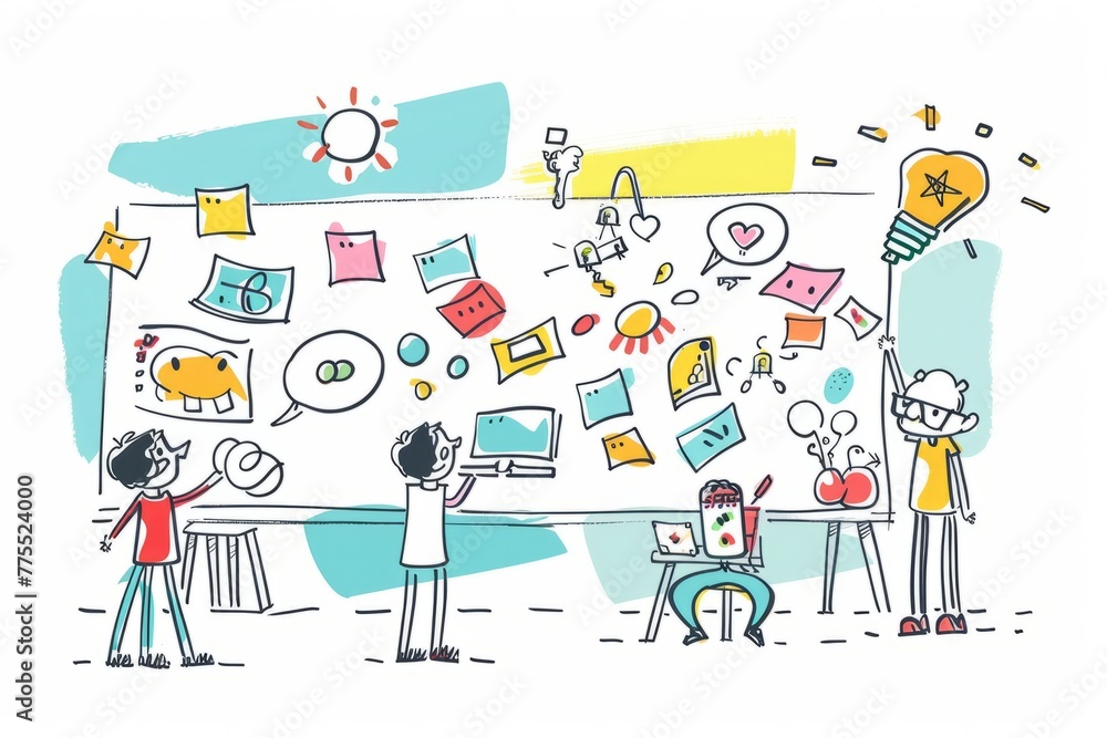 Cartoon cute doodles of a creative brainstorming session, with ...