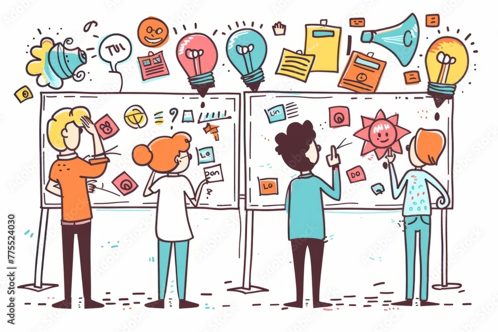 Cartoon cute doodles of a creative brainstorming session, with ...