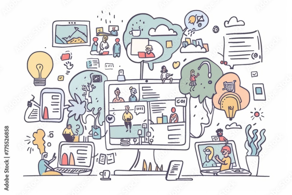 Cartoon cute doodles of a virtual business meeting, with characters ...