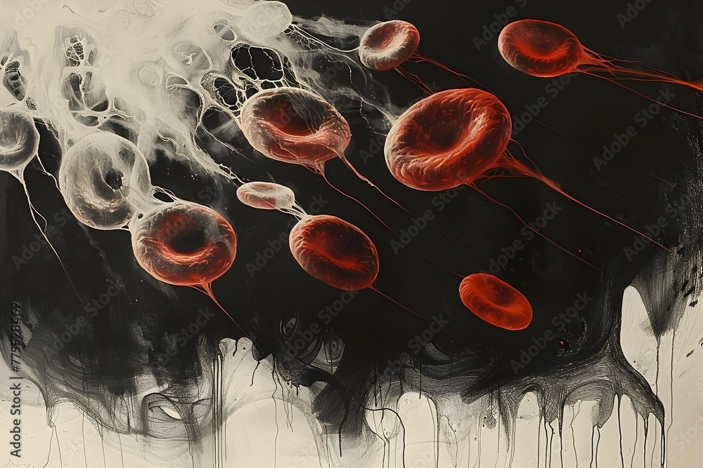 Charcoal Drawing of Flowing Red Blood Cells Highlighting Contrasts ...