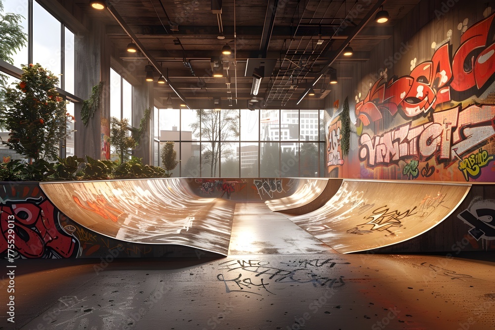 Sleek and Vibrant Skatepark Stadium with Glossy Metallic Ramps and ...